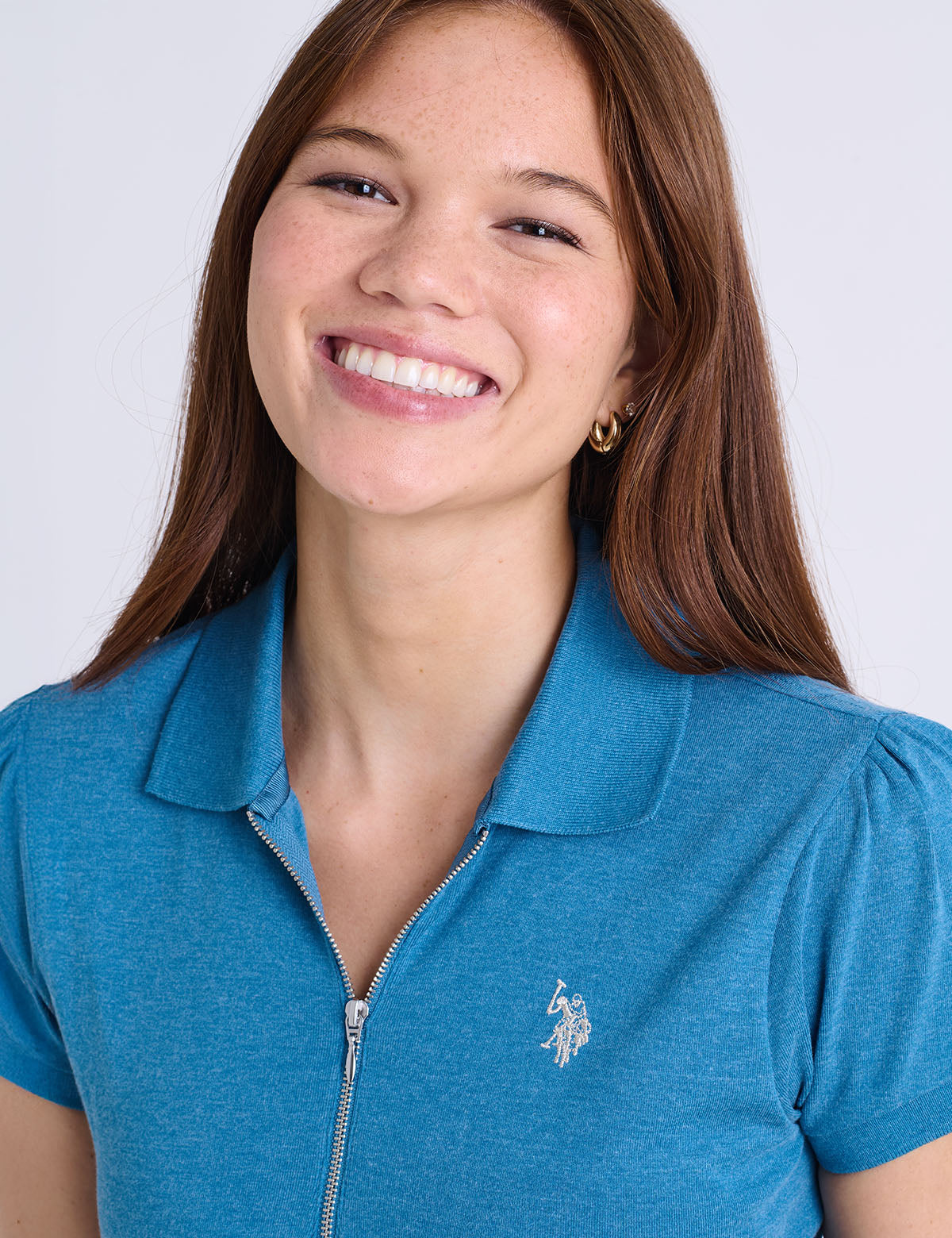 HALF ZIP PUFF SLEEVE HEATHER POLO SHIRT– U.S. Polo Assn.