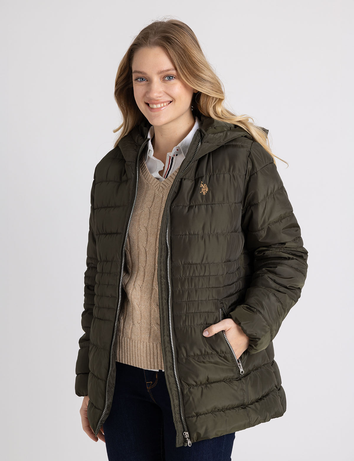 HOODED PUFFER COAT WITH SLASH POCKETS– U.S. Polo Assn.