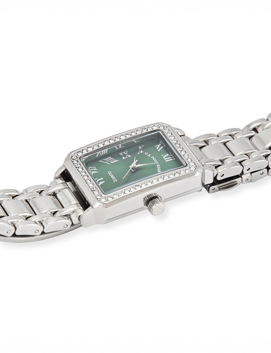 LADIES SQUARE SILVER LINK WATCH WITH GREEN FACE– U.S. Polo Assn.