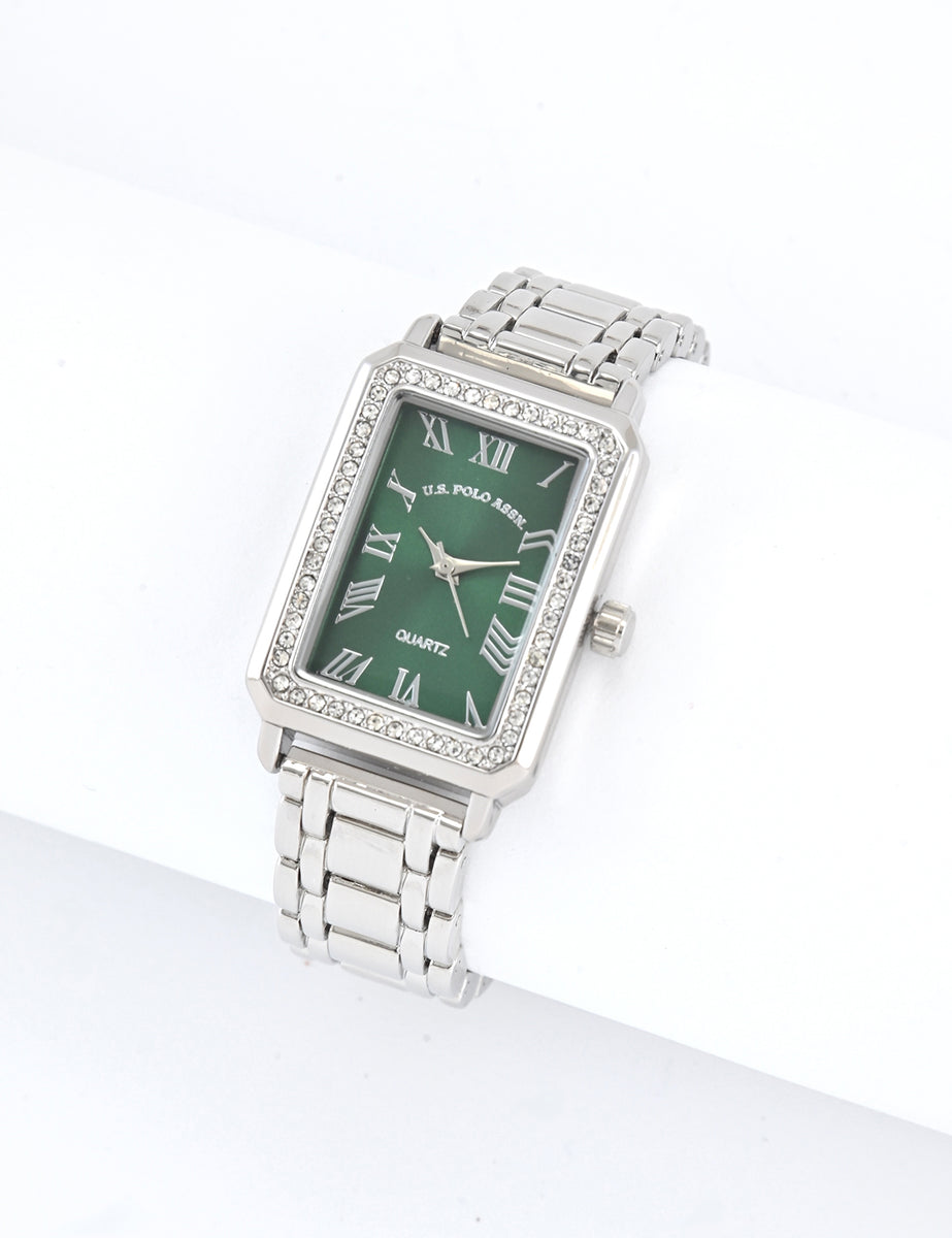 LADIES SQUARE SILVER LINK WATCH WITH GREEN FACE– U.S. Polo Assn.