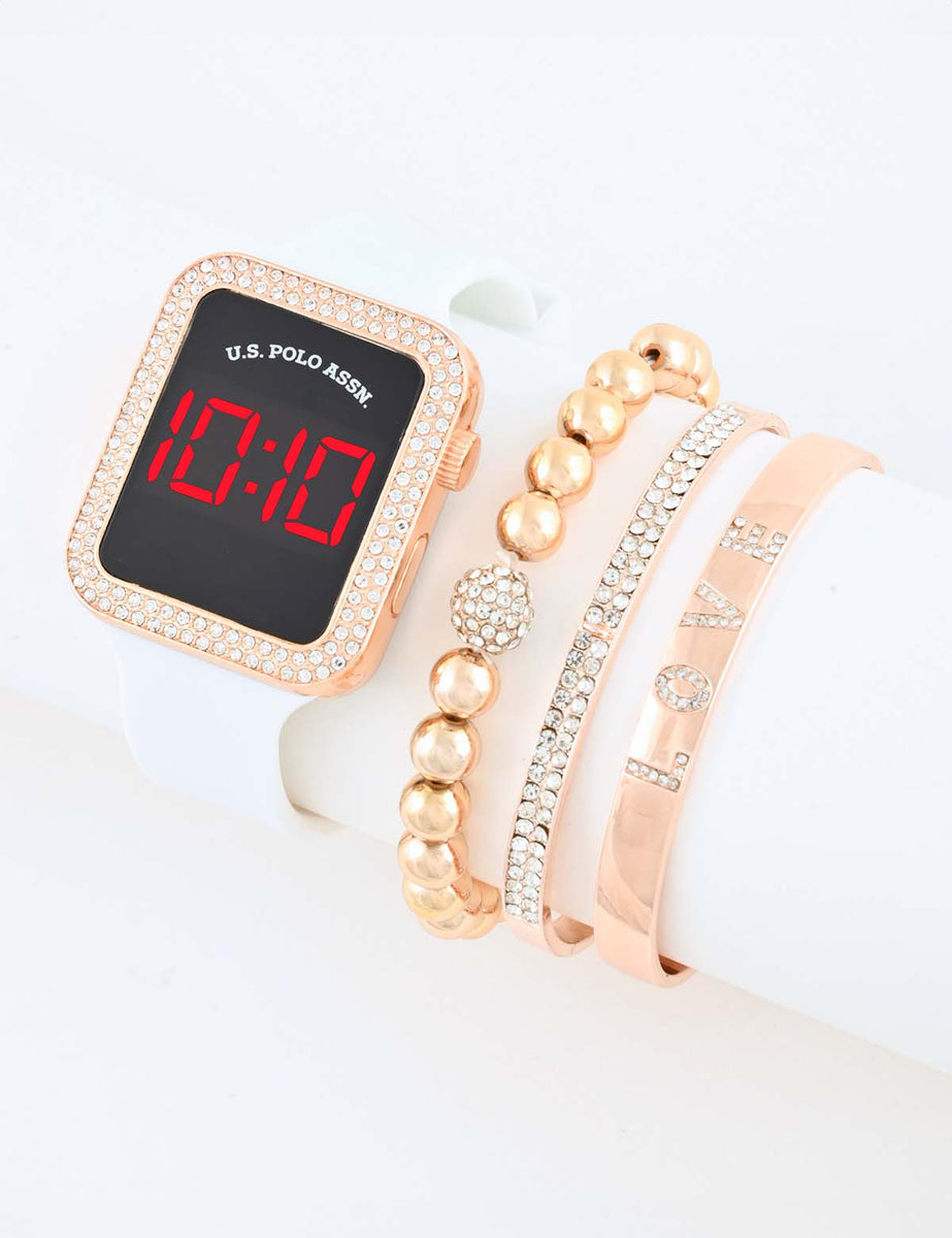LADIES LED SQUARE EMBELLISHED WATCH & BRACELETS SET– U.S. Polo Assn.