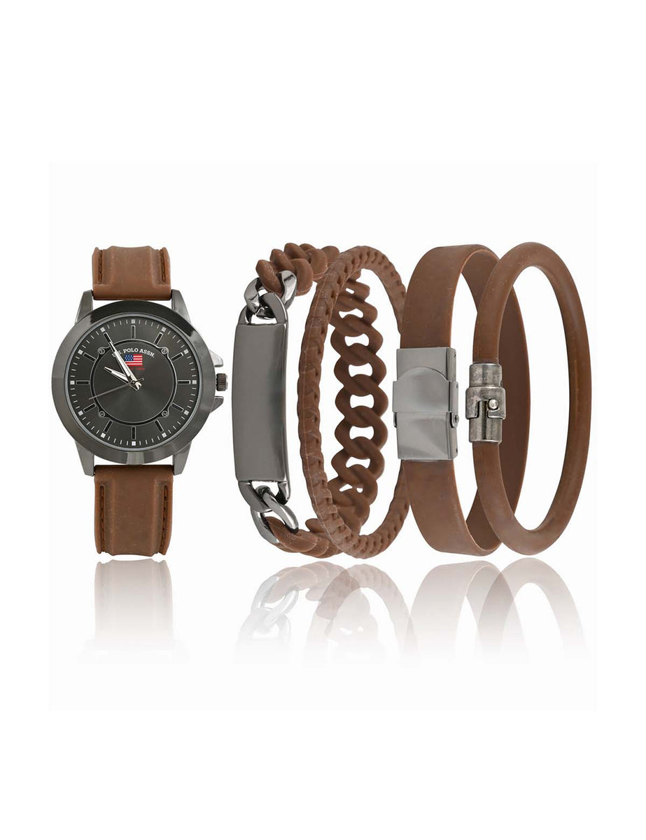 MEN'S BROWN STRAP WATCH AND BRACELETS SET– U.S. Polo Assn.