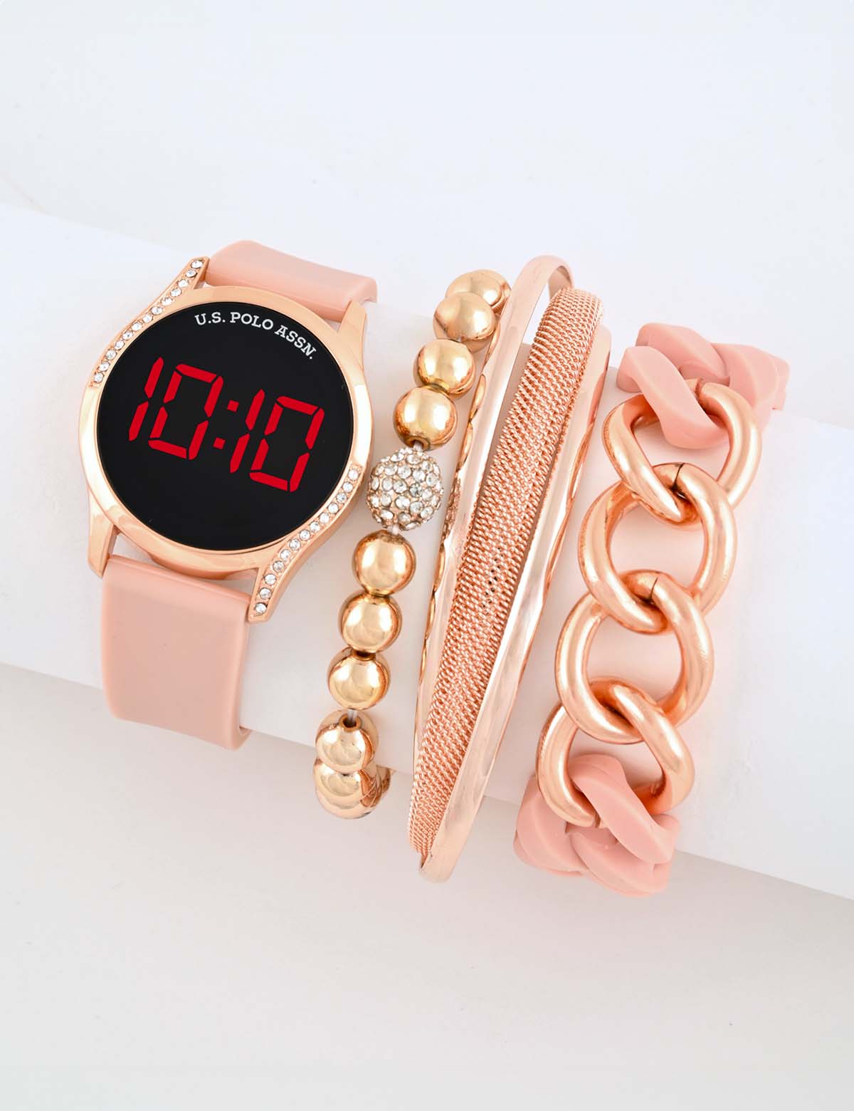LADIES LED ROUND FACE WATCH & STACKABLE BRACELETS SET– U.S. Polo Assn.