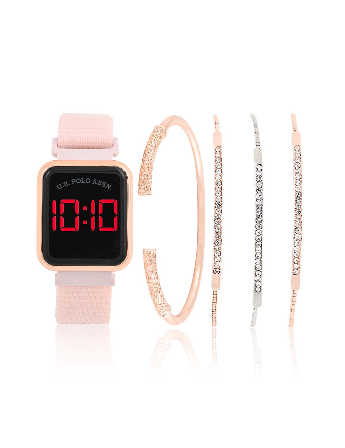 LADIES LED SQUARE FACE WATCH & STACKABLE BRACELETS SET– U.S. Polo Assn.