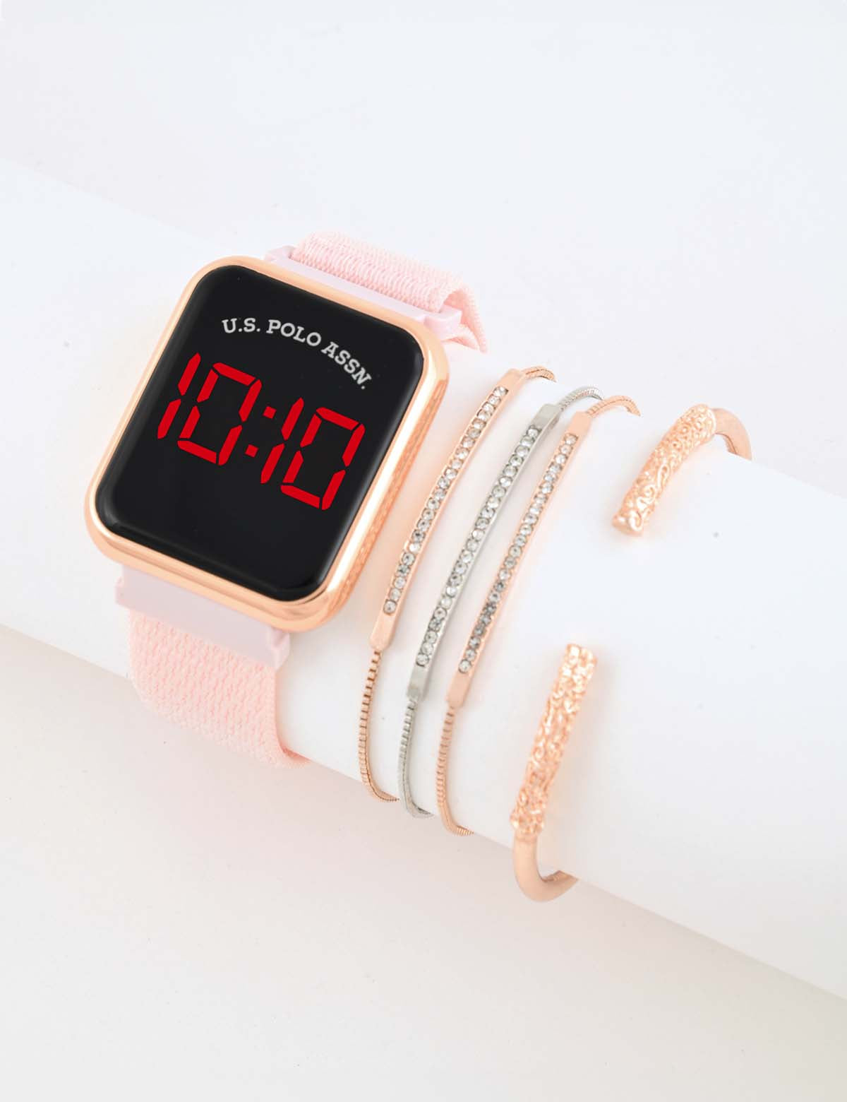 LADIES LED SQUARE FACE WATCH & STACKABLE BRACELETS SET– U.S. Polo Assn.