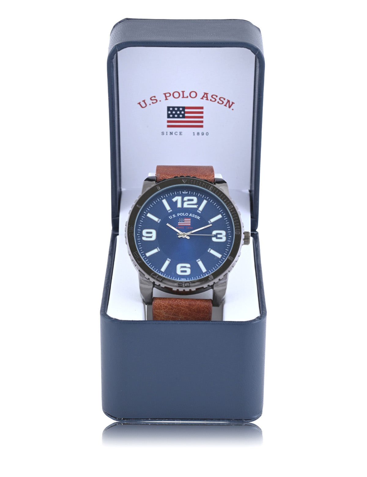 MEN'S BLUE FACE AND BROWN STRAP ANALOG WATCH– U.S. Polo Assn.
