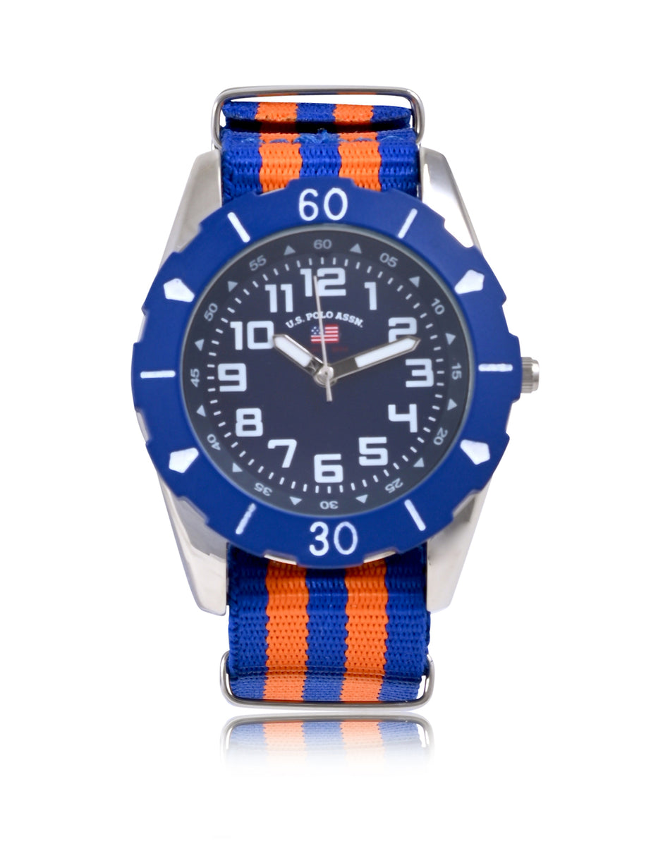USPA JUNIOR BLUE AND ORANGE NYLON STRAP WATCH– U.S. Polo Assn.