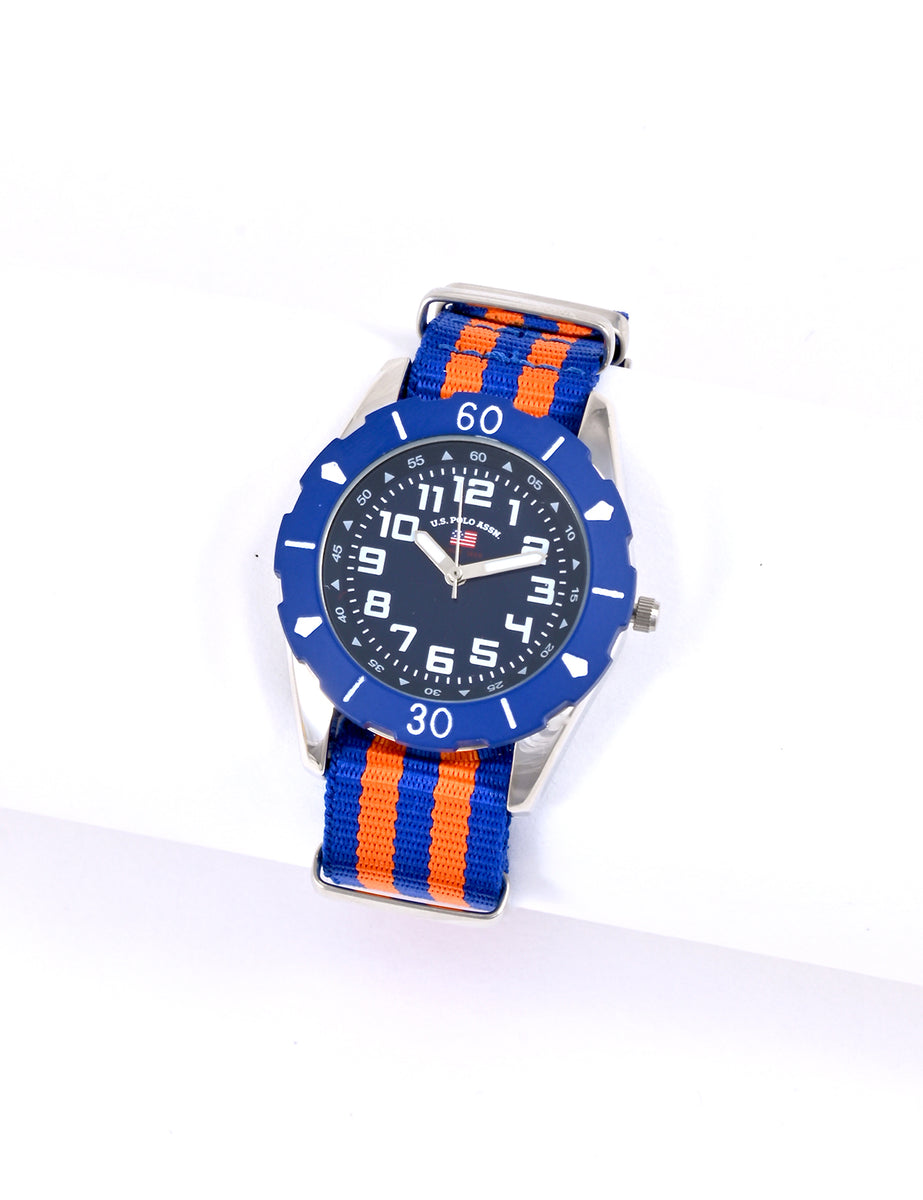 USPA JUNIOR BLUE AND ORANGE NYLON STRAP WATCH– U.S. Polo Assn.