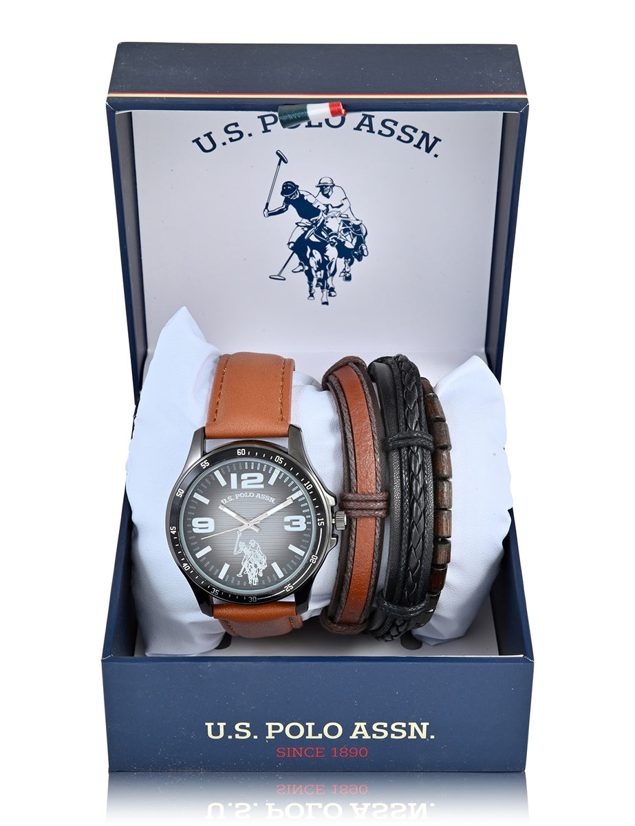 MENS BROWN STRAP WATCH AND BRACELETS SET– U.S. Polo Assn.