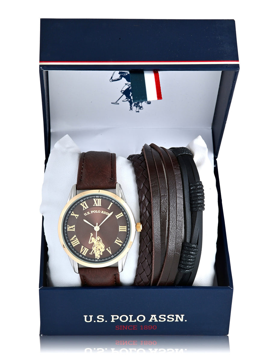 MENS BROWN STRAP WATCH AND BRACELETS SET– U.S. Polo Assn.