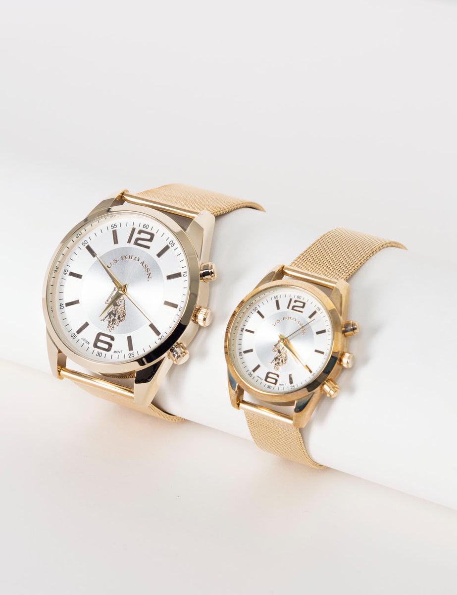 HIS AND HERS GOLD MESH STRAP WATCH SET– U.S. Polo Assn.