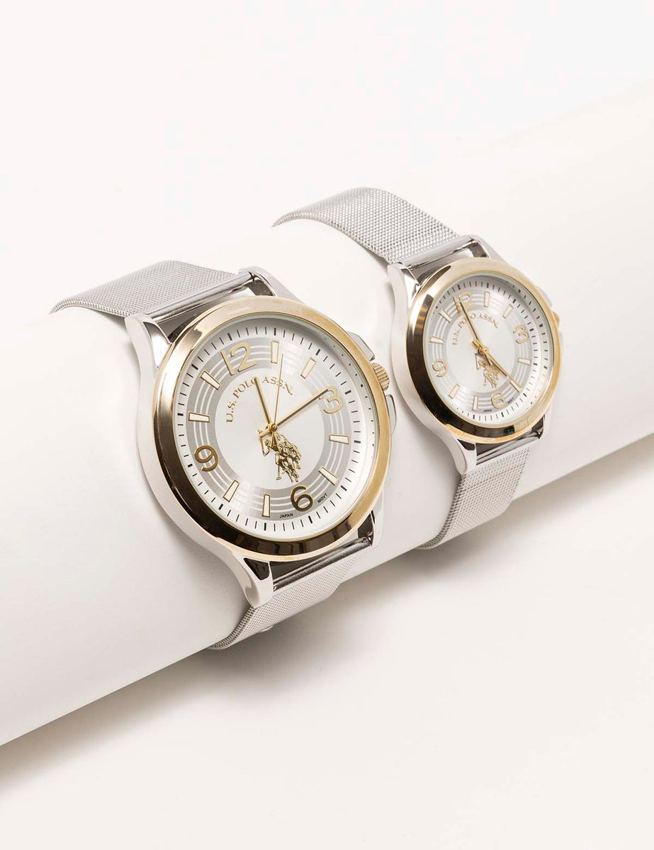 HIS AND HERS SILVER MESH STRAP WATCH SET– U.S. Polo Assn.