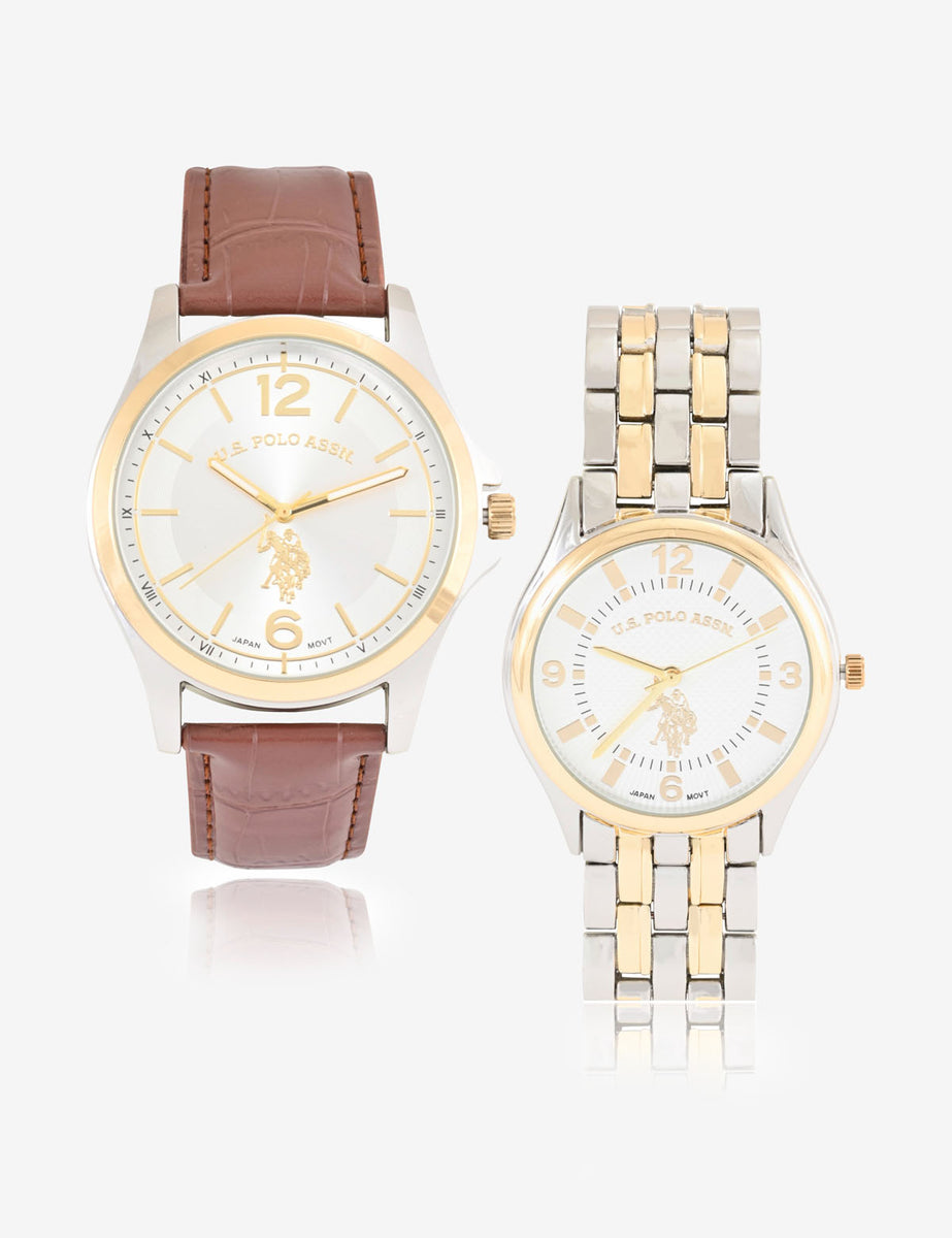 MEN'S BRACELET AND BROWN STRAP WATCH SET– U.S. Polo Assn.