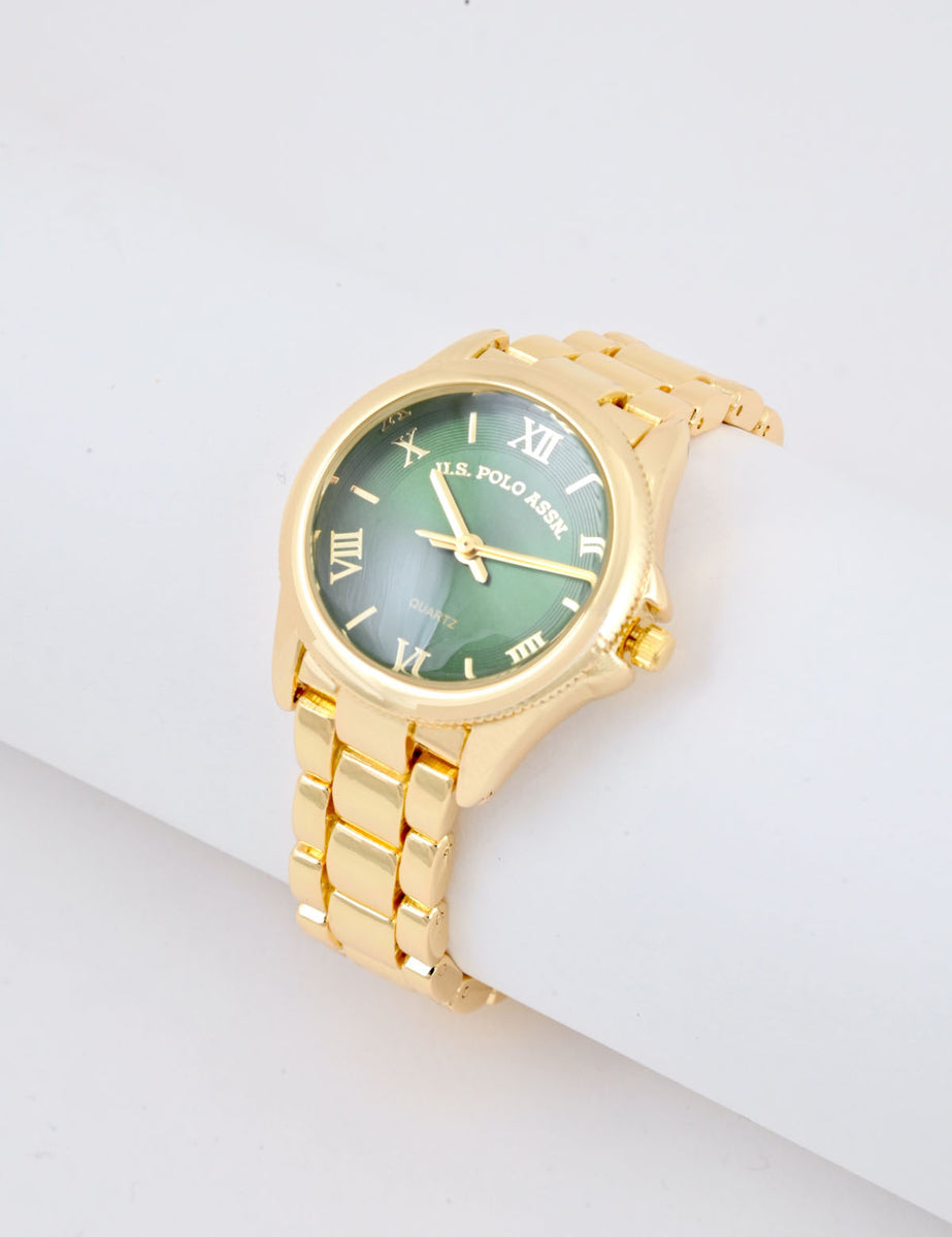 LADIES GOLDTONE AND GREEN DIAL BRACELET WATCH– U.S. Polo Assn.
