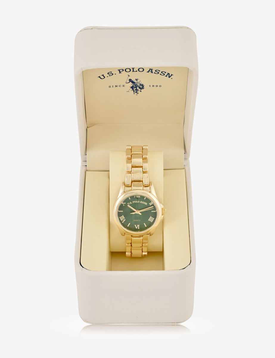 LADIES GOLDTONE AND GREEN DIAL BRACELET WATCH– U.S. Polo Assn.