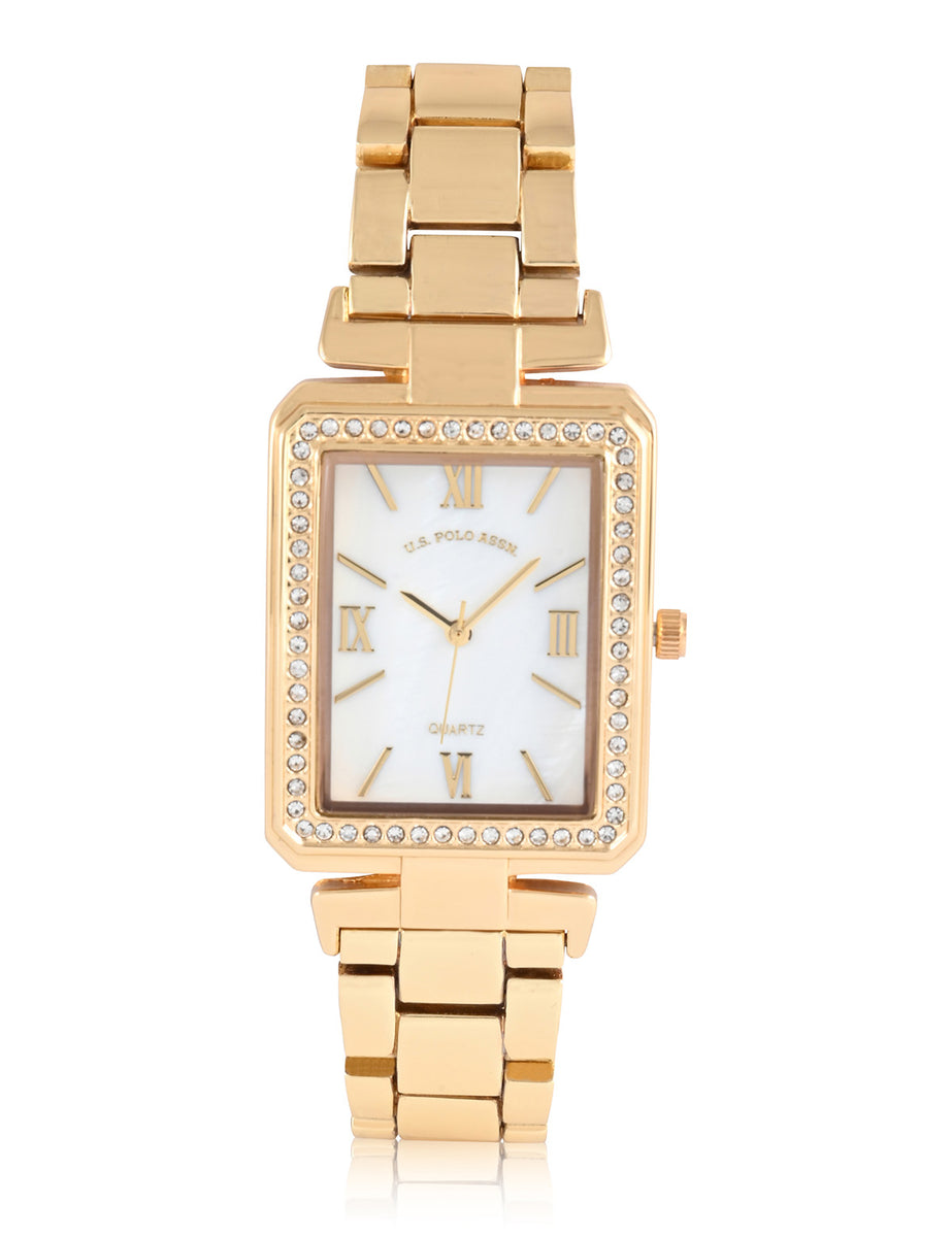 LADIES GOLD SQUARE FACE EMBELLISHED WATCH– U.S. Polo Assn.