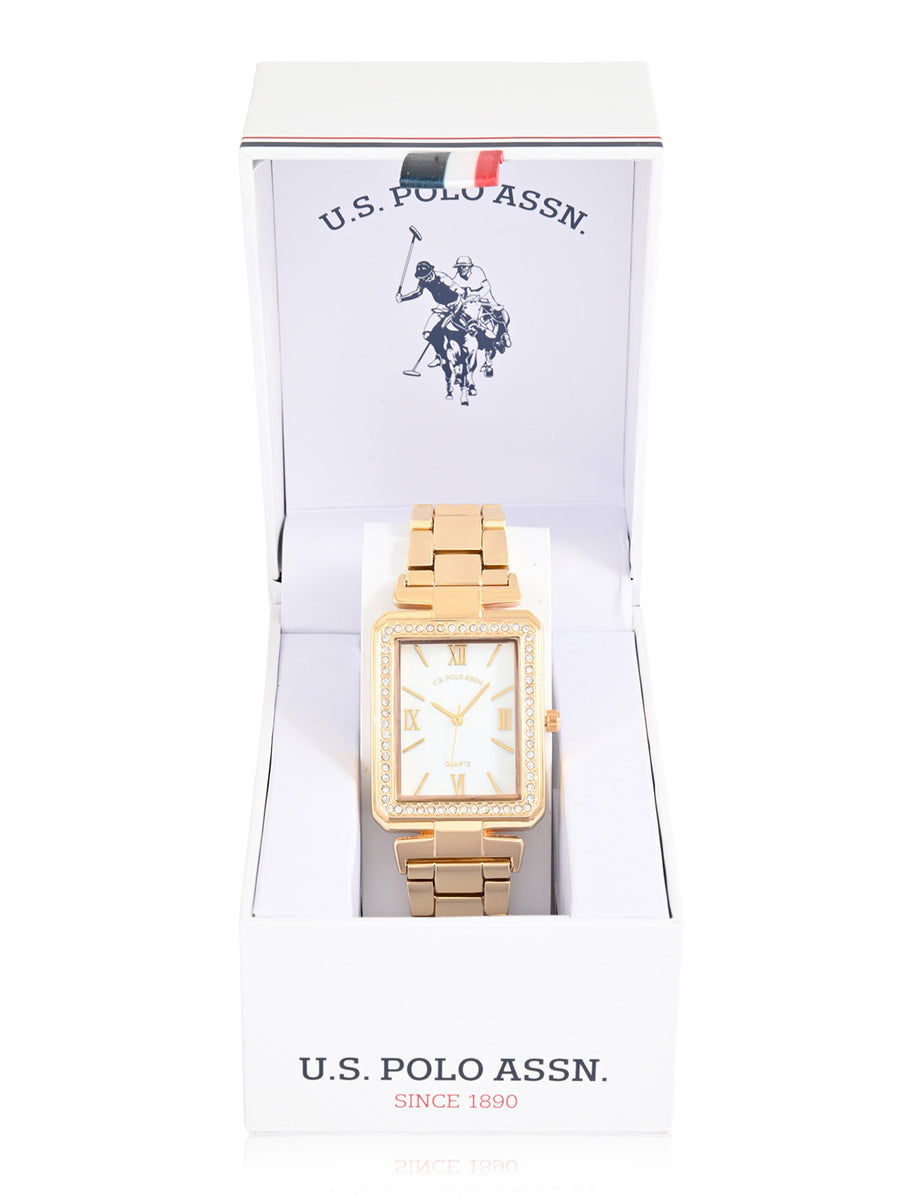 LADIES GOLD SQUARE FACE EMBELLISHED WATCH– U.S. Polo Assn.
