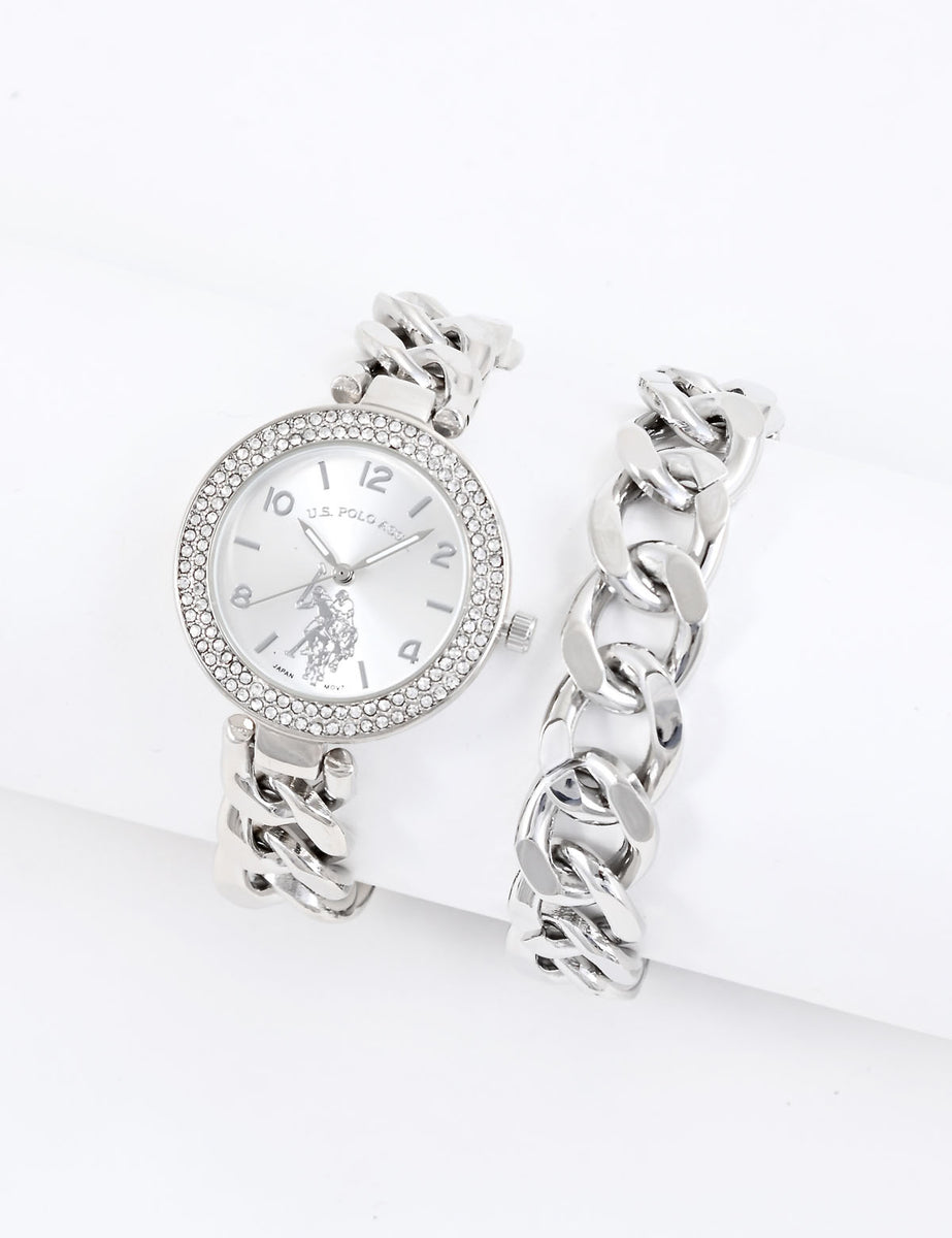LADIES SILVER CHAIN WATCH AND BRACELET SET– U.S. Polo Assn.