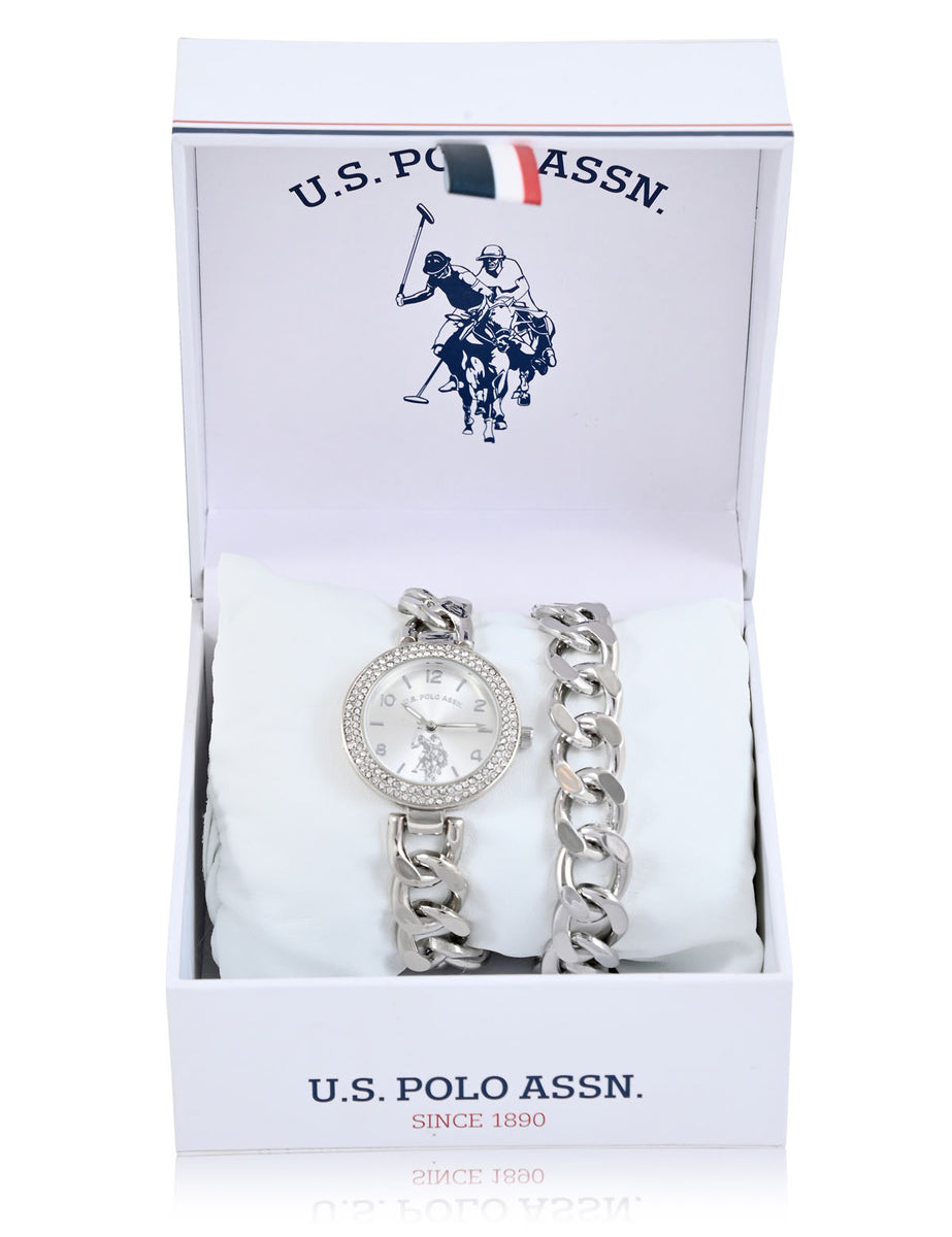 LADIES SILVER CHAIN WATCH AND BRACELET SET– U.S. Polo Assn.