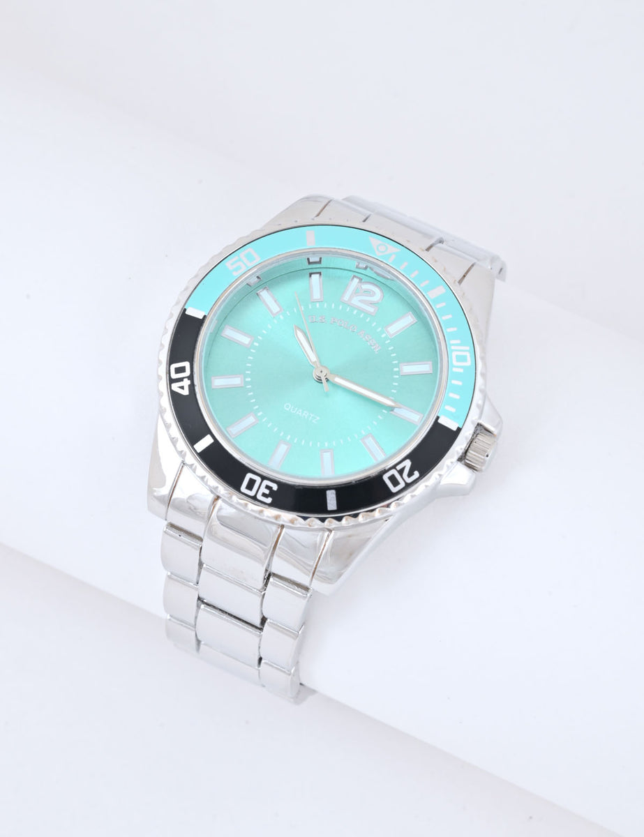 MEN'S SILVERTONE W TEAL ANALOG WATCH– U.S. Polo Assn.