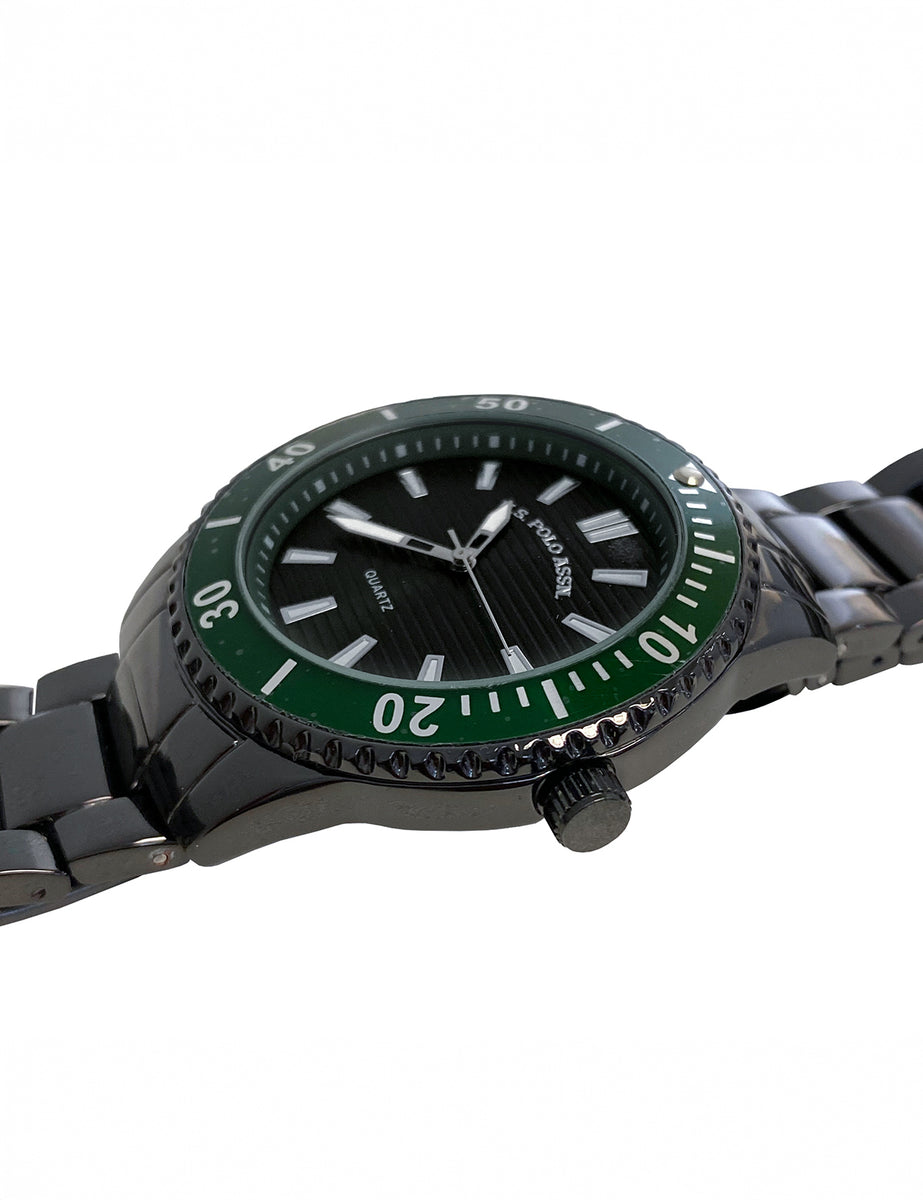 MENS SILVER LINK WATCH WITH GREEN FACE– U.S. Polo Assn.