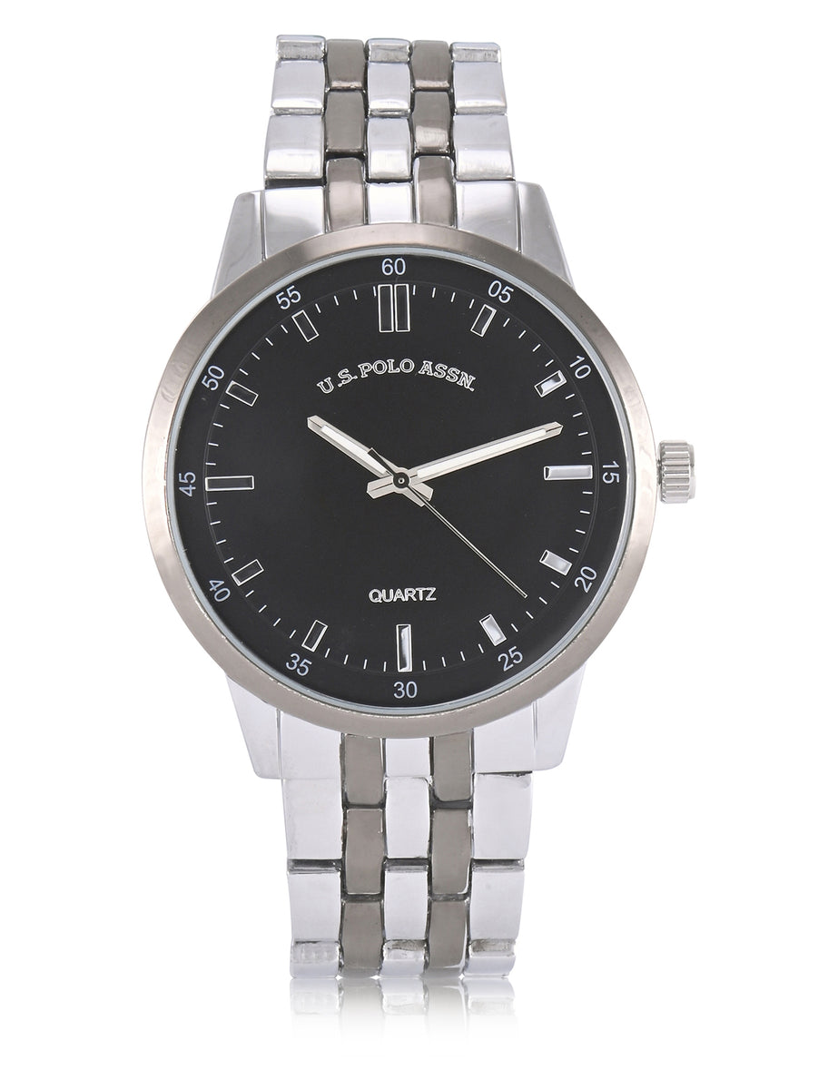 MENS TWO TONE SILVER AND GUNMETAL ANALOG LINK WATCH– U.S. Polo Assn.