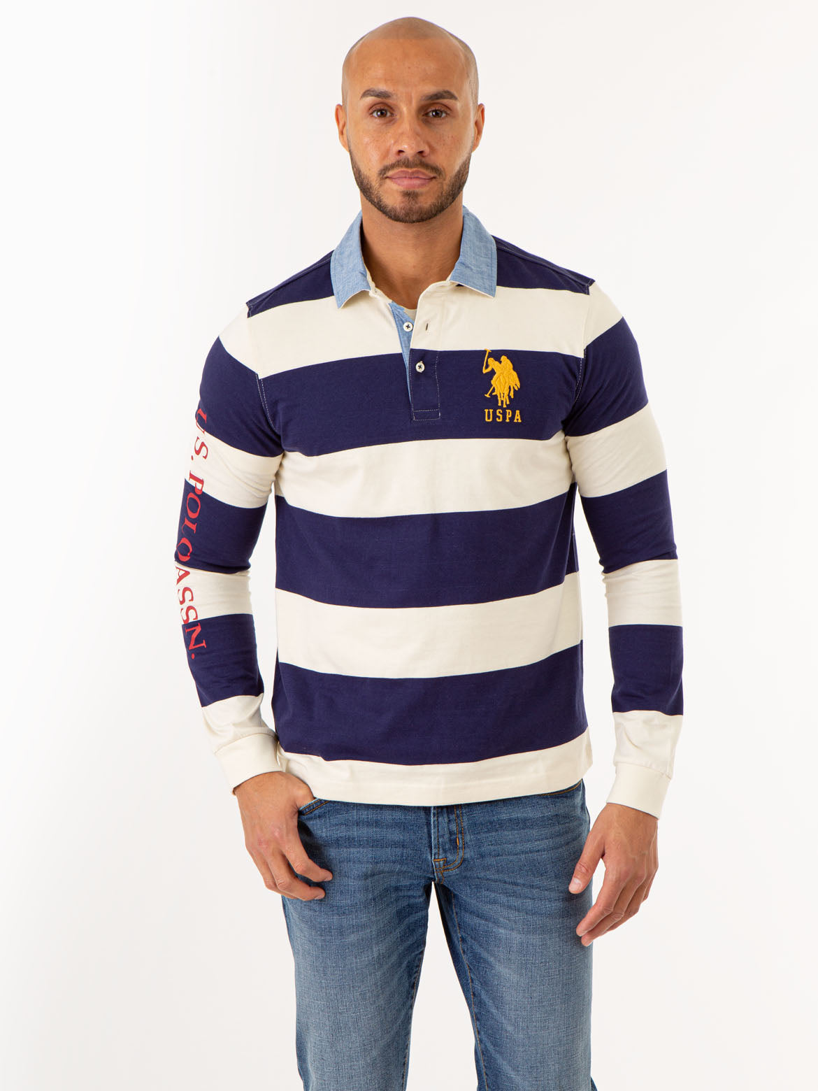 STRIPED WOVEN COLLAR LONG SLEEVE POLO SHIRT– U.S. Polo Assn.