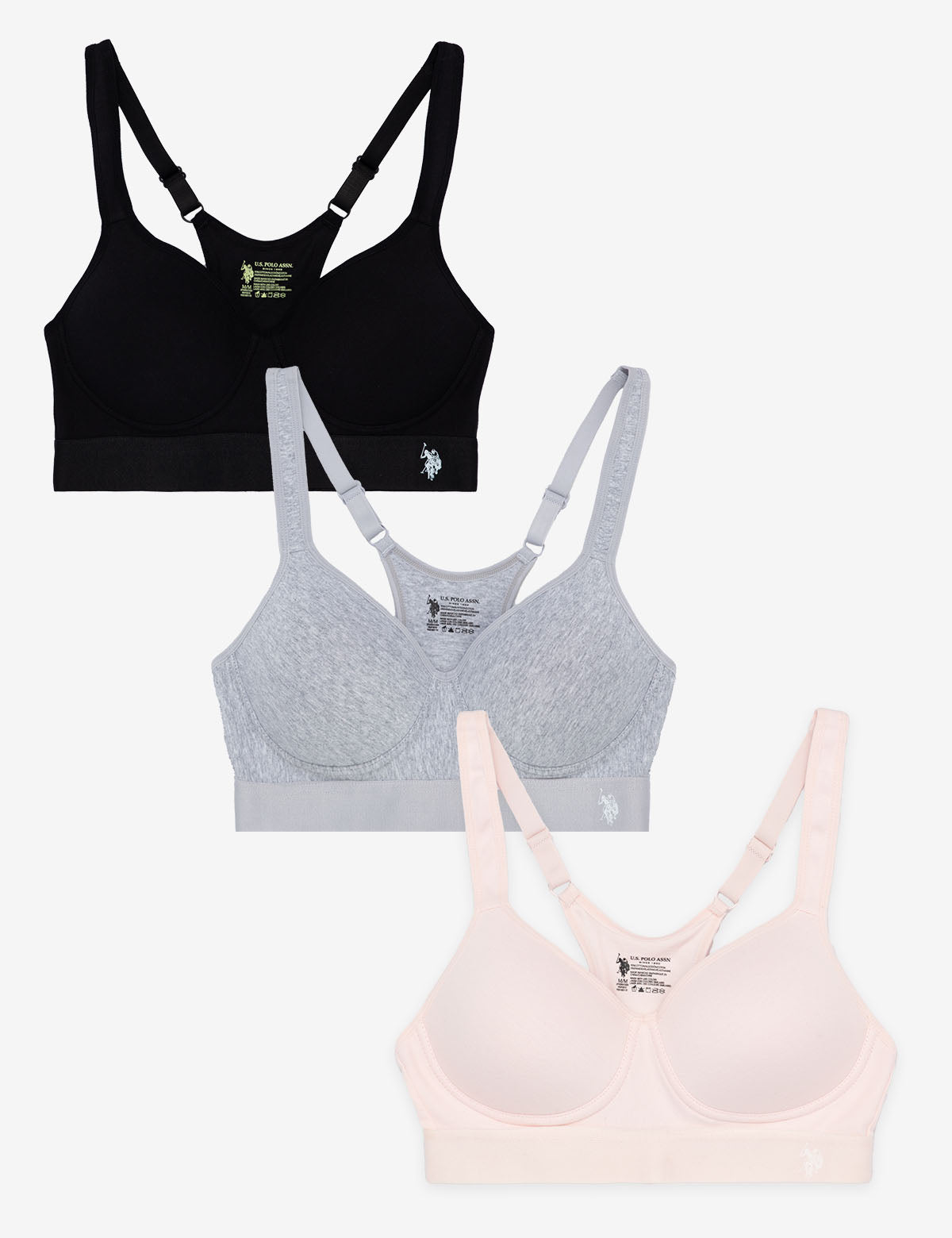 3PK MOLDED CUP RACER BACK BRAS WITH ADJUSTABLE STRAPS– U.S. Polo Assn.