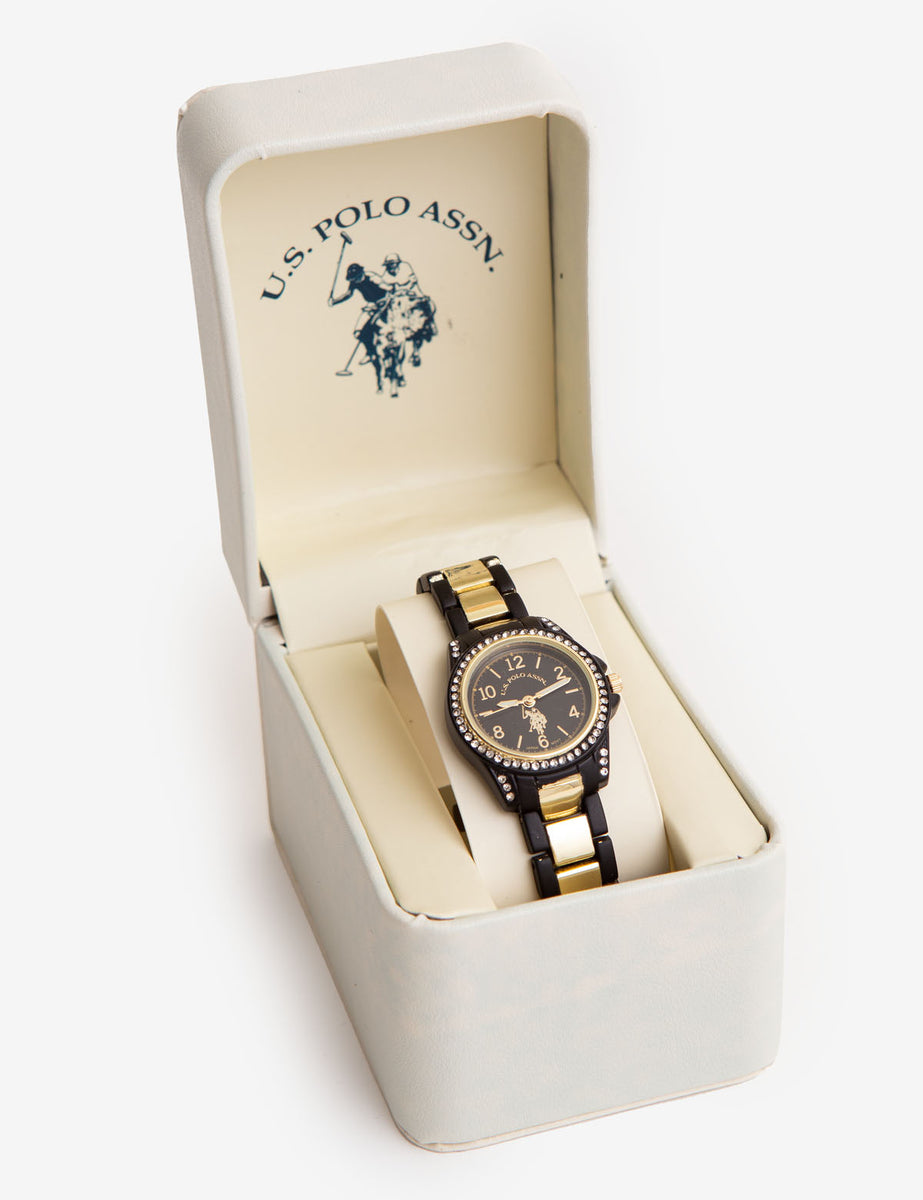 USPA WOMEN'S RHINESTONE, BLACK & GOLD TONE WATCH– U.S. Polo Assn.